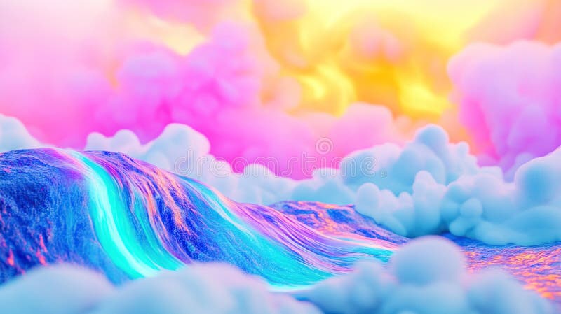 Glowing River Flows Down Pastel Cloudscape, Vibrant Sunset Stock Photo ...
