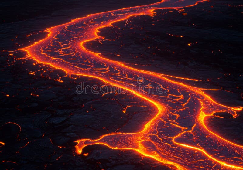 Glowing River of Lava Flowing on Dark Volcanic Rock Stock Illustration ...