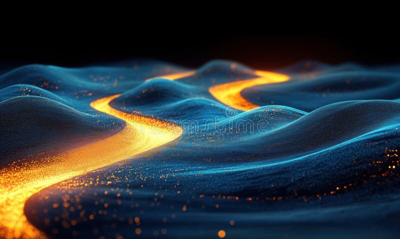 Glowing River of Light Flowing through Abstract Blue Hills in Dark ...