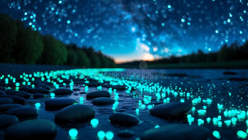 Glowing River Rocks Under Starry Night Sky Stock Illustration ...