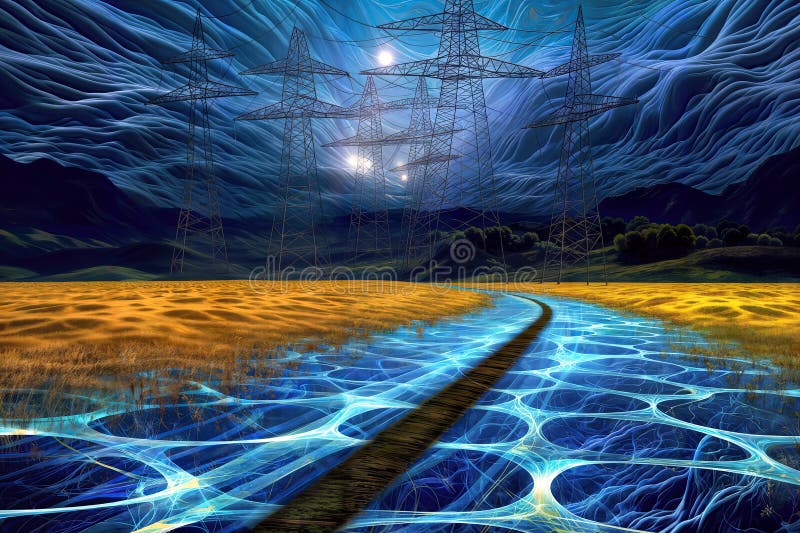 Glowing River of Power Lines, Generative Ai Stock Illustration ...