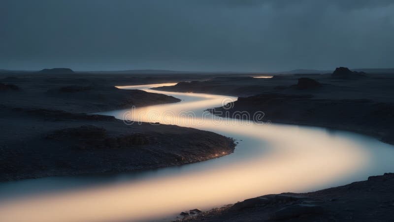 Glowing River of Renewal and Hope Flowing through Barren Landscape ...