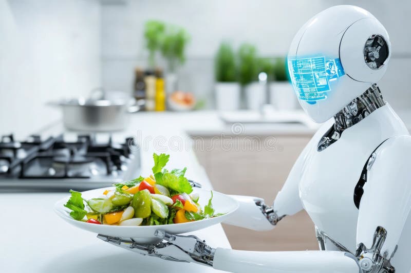 A Glowing Robot Chef Assembling a Sleek Plate of Futuristic Food in a ...