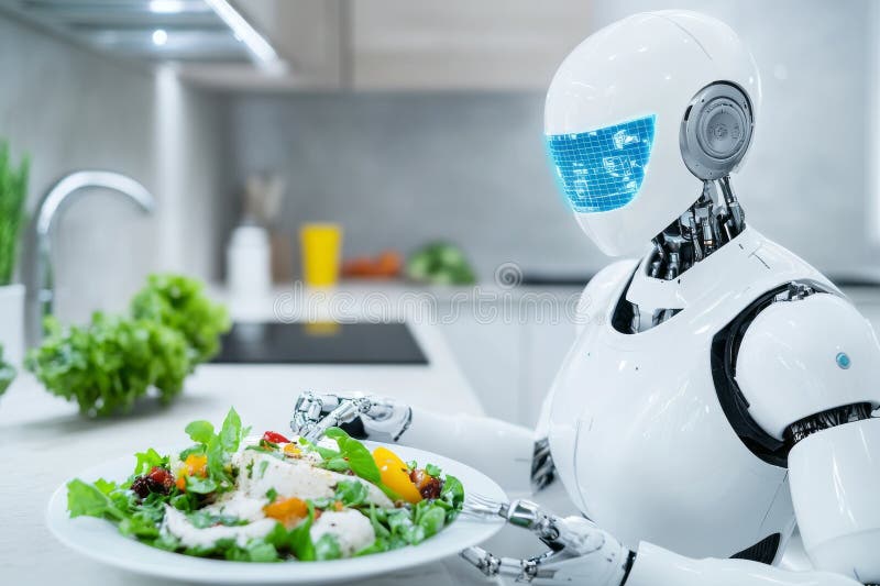A Glowing Robot Chef Assembling a Sleek Plate of Futuristic Food in a ...