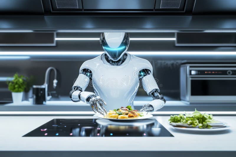 A Glowing Robot Chef Assembling a Sleek Plate of Futuristic Food in a ...