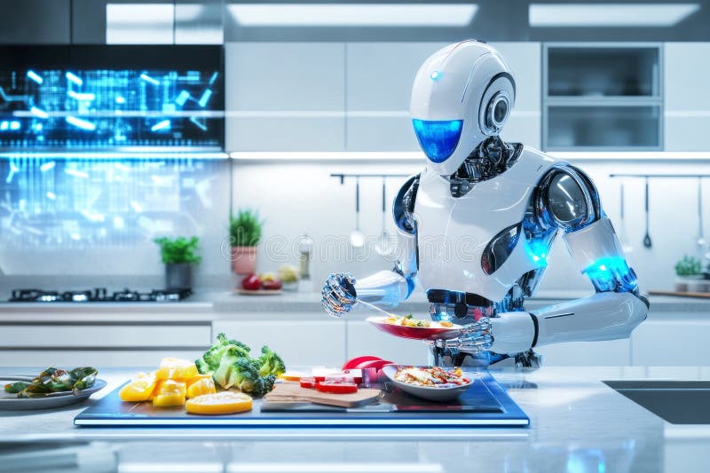A Glowing Robot Chef Assembling a Sleek Plate of Futuristic Food in a ...