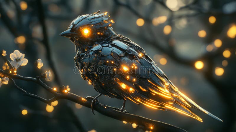 Glowing Robotic Bird in a Blossoming Tree at Night Stock Illustration ...