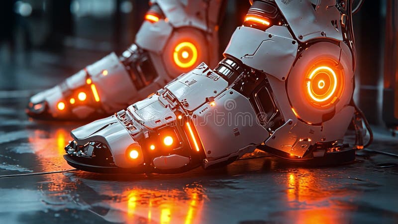 Glowing Robotic Boots Showcase Advanced Technology in a Modern Urban ...
