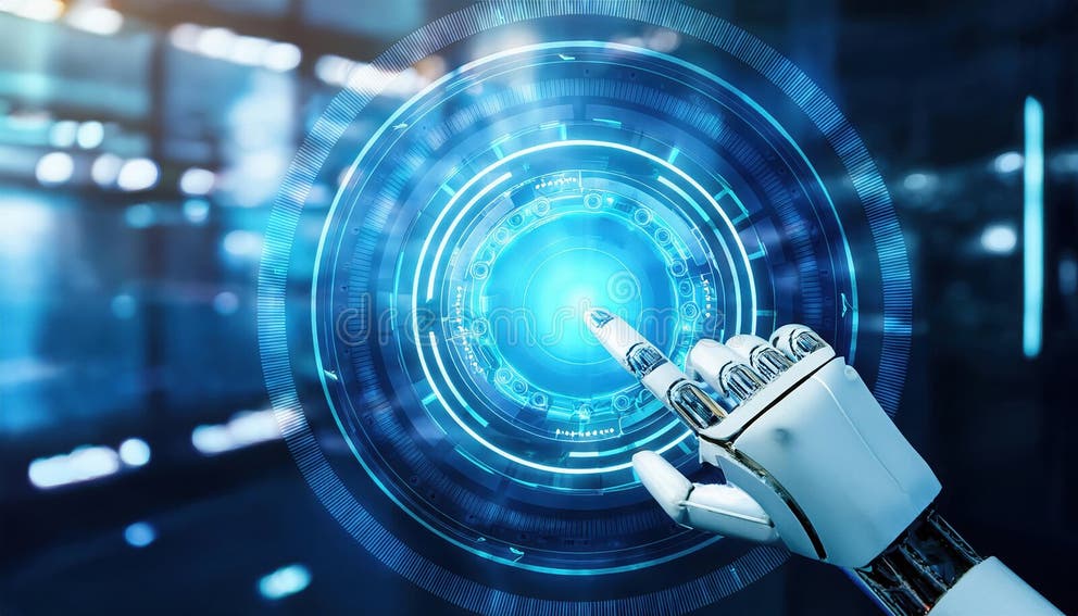 Glowing Robotic Hand Activating Futuristic Control Panel in High Tech ...