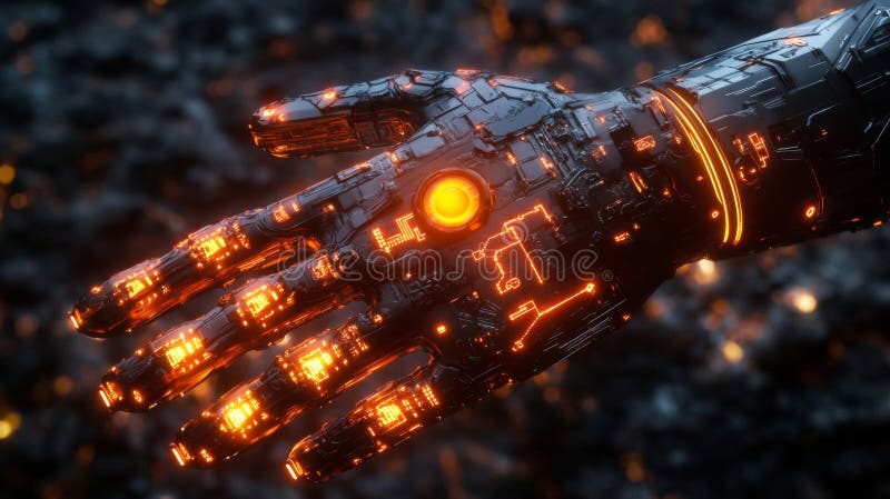 Glowing Robotic Hand in Dark Cyberpunk Setting Stock Illustration ...