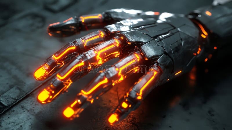 Glowing Robotic Hand in Dark Cyberpunk Setting Stock Illustration ...