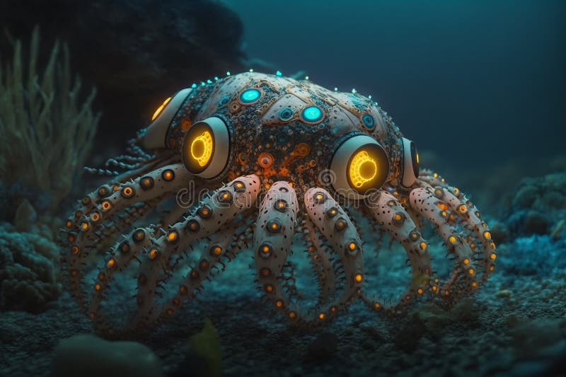 Glowing Robotic Octopus in Sea World Underwater Generative AI Stock ...