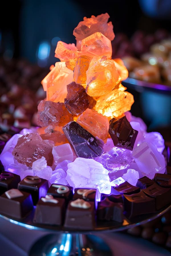 Glowing Rock Candy Centerpiece Surrounded by Gourmet Chocolates Stock ...