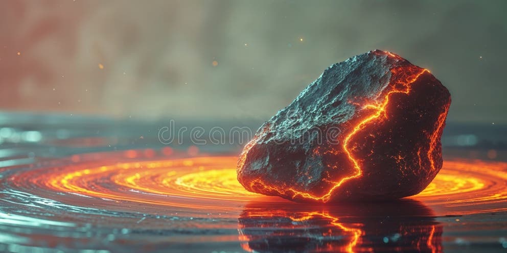 Glowing Rock with Fire Reflection on Dark Surface Stock Photo - Image ...