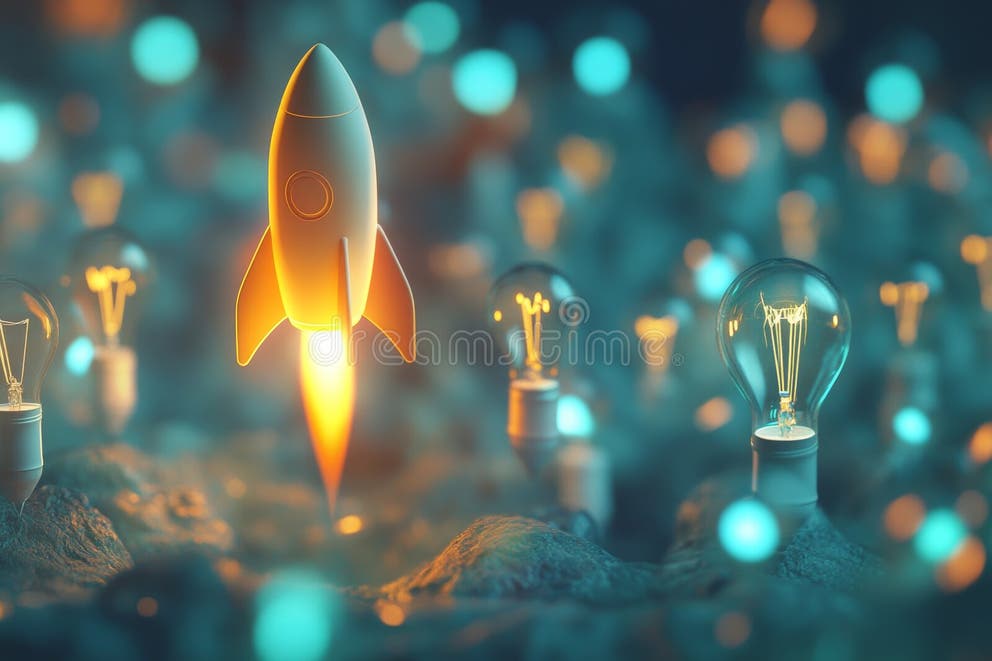 Glowing Rocket Ascending through Storm of Light in Creative Scene Stock ...