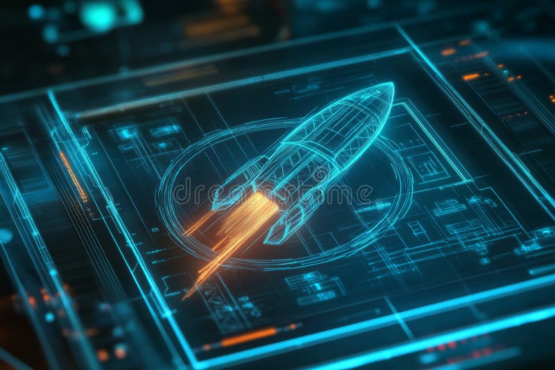 Glowing Rocket Design with Digital Lines and Futuristic Elements Stock ...