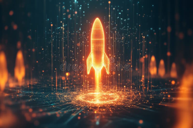 Glowing Rocket Icon Floating in Abstract Space Background Stock ...