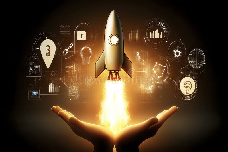 Glowing Rocket Launching from Hands with Holographic Tech Icons, Dark ...