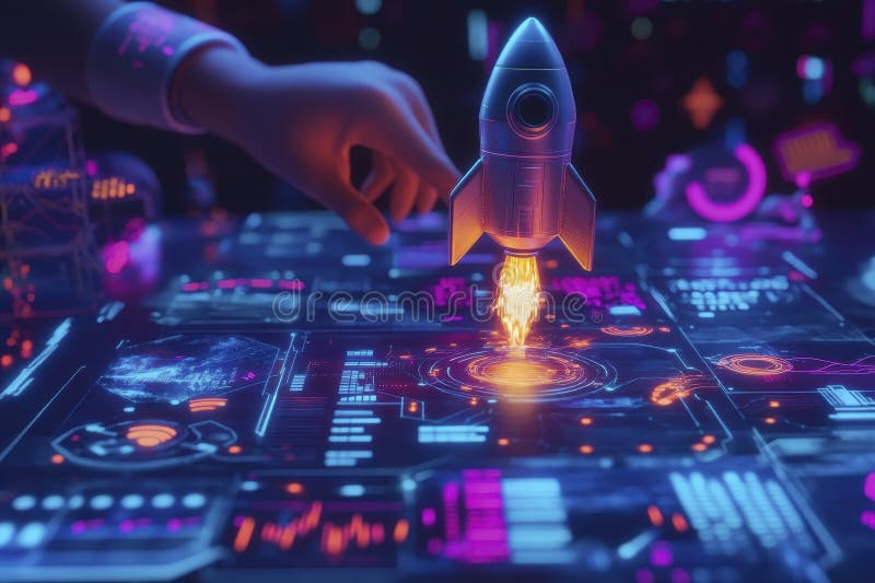 Glowing Rocket Launching from Hands with Holographic Tech Icons, Dark ...