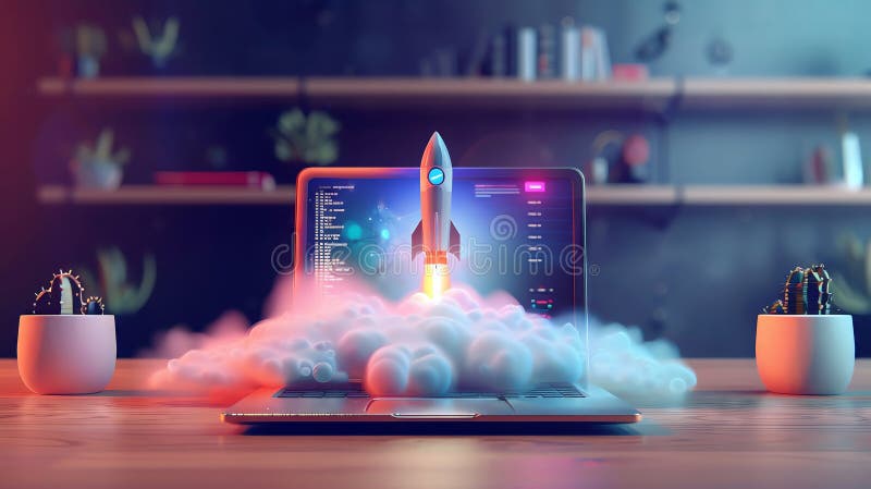 A Glowing Rocket Ship Launches from a Laptop Screen, Symbolizing ...