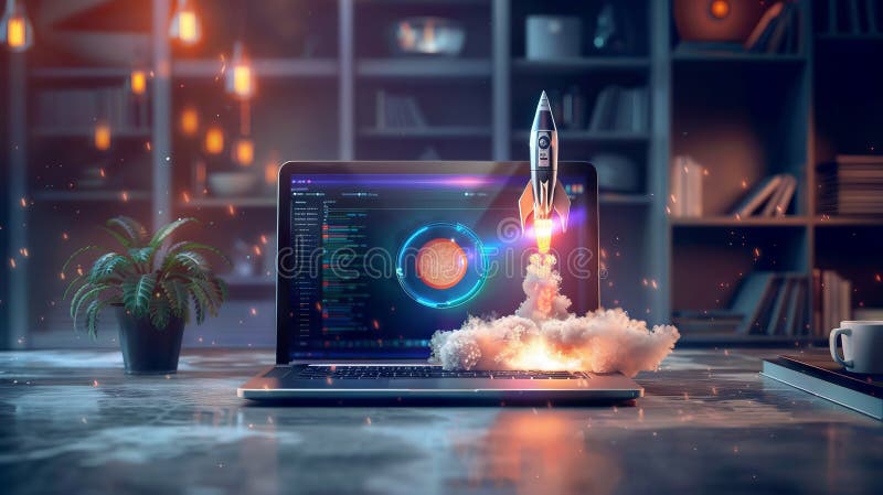 A Glowing Rocket Ship Launches from a Laptop Screen, Symbolizing ...