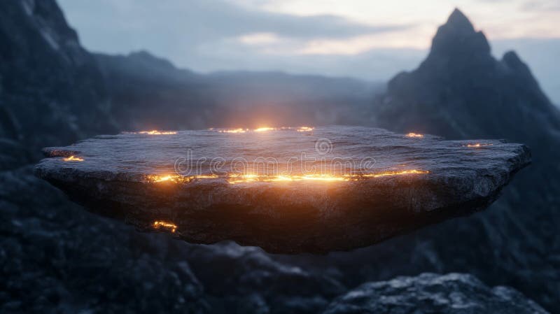 Glowing Rocks Floating Island in a Misty Mountain Range Stock ...