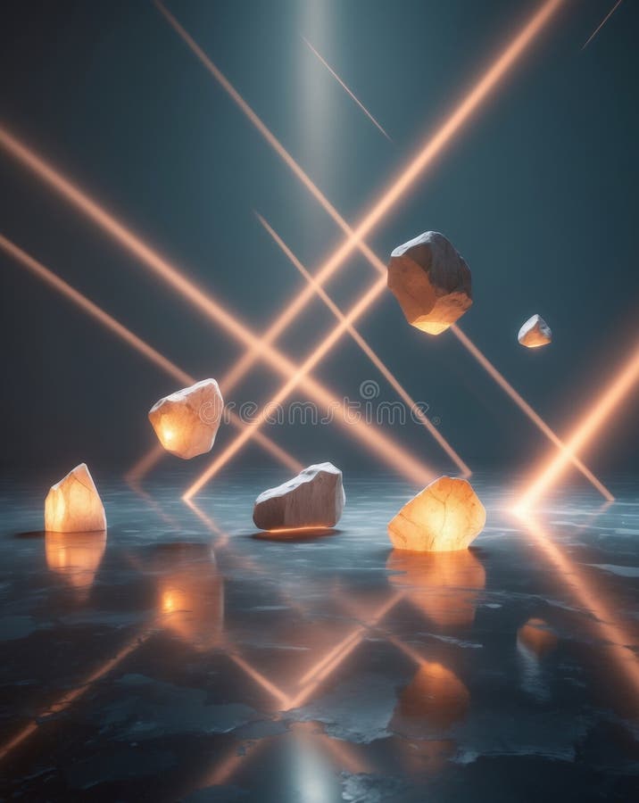 Glowing Rocks and Light Beams on Dark Reflective Surface Stock Image ...