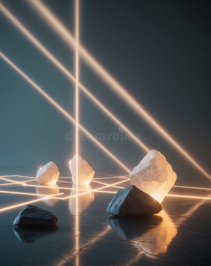 Glowing Rocks and Light Beams on Dark Reflective Surface. Stock Photo ...