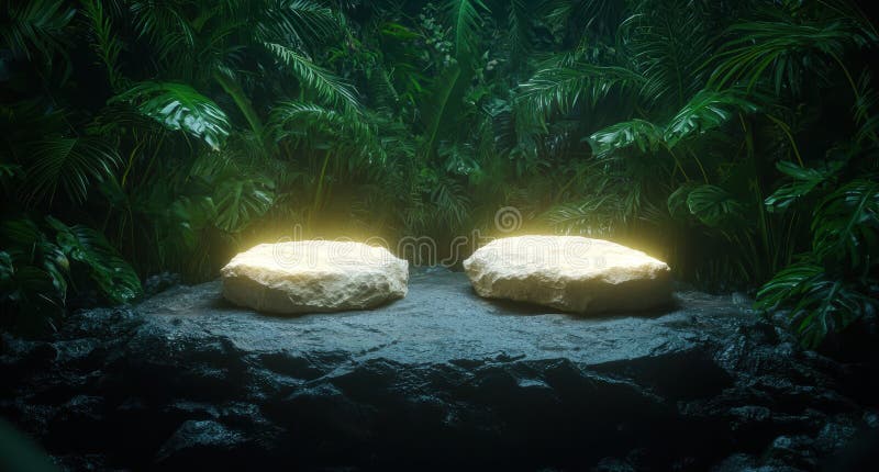 Glowing Rocks in a Lush Tropical Forest Stock Illustration ...