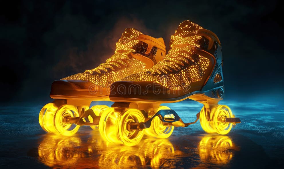 Glowing Roller Skates with Illuminated Wheels on a Reflective Surface ...