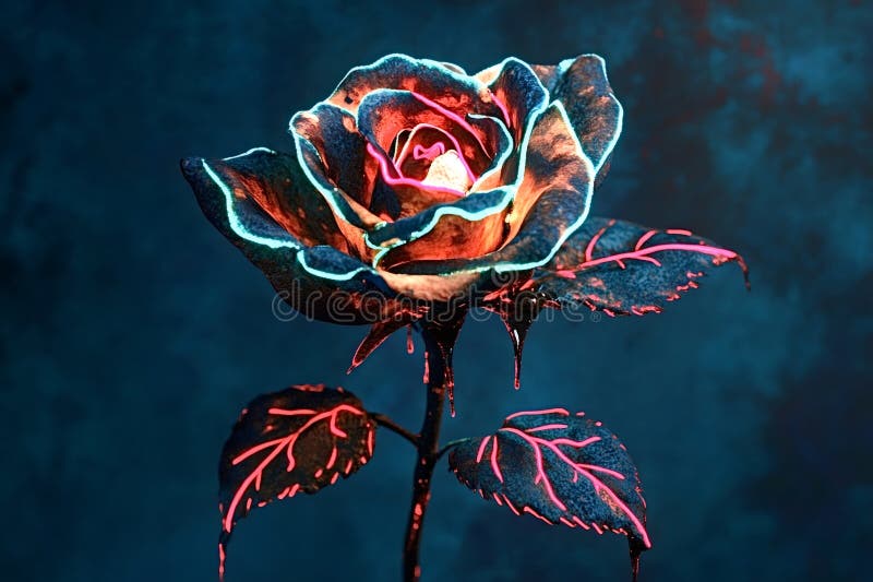 Glowing Rose with Dripping Neon Light Effect on Dark Background Stock ...