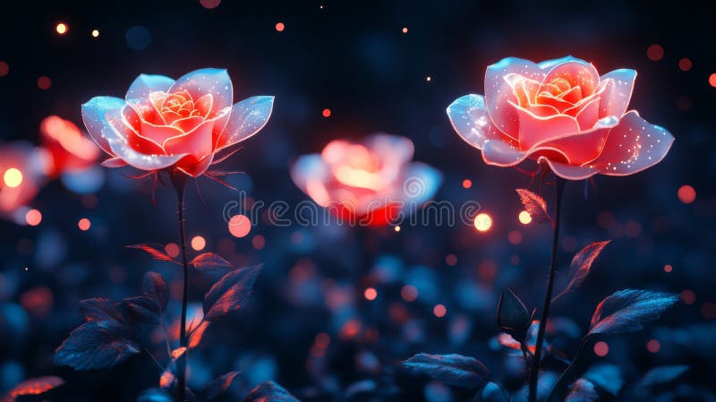 Glowing Roses Illuminated in a Dark Garden at Night Stock Illustration ...