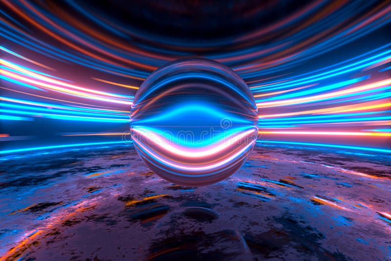 Glowing Round Illuminated Lines with Motion Blur, 3d Rendering. 360-degree Seamless Panoramic ...
