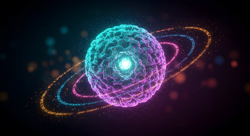 Glowing Round Structure with Orbiting Rings in Dark Space Illustration ...