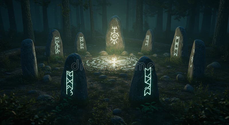 Glowing Runes in a Mystical Stone Circle at Night Stock Illustration ...