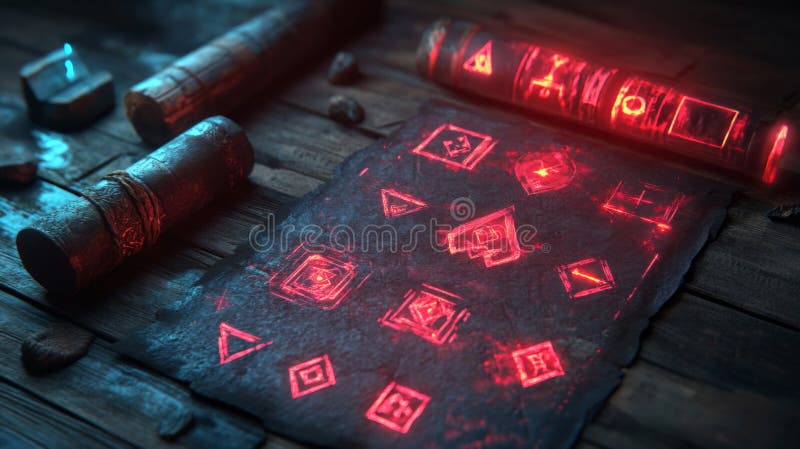 Glowing Runes on Parchment Scroll with Ancient Magic Symbols on Wooden ...