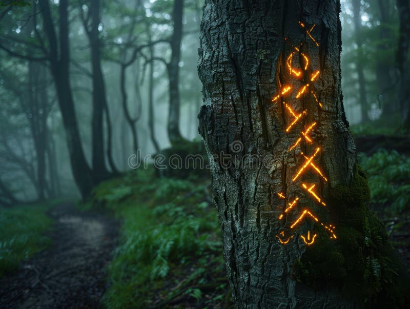Glowing Runes on a Tree in a Dark Forest Stock Illustration ...