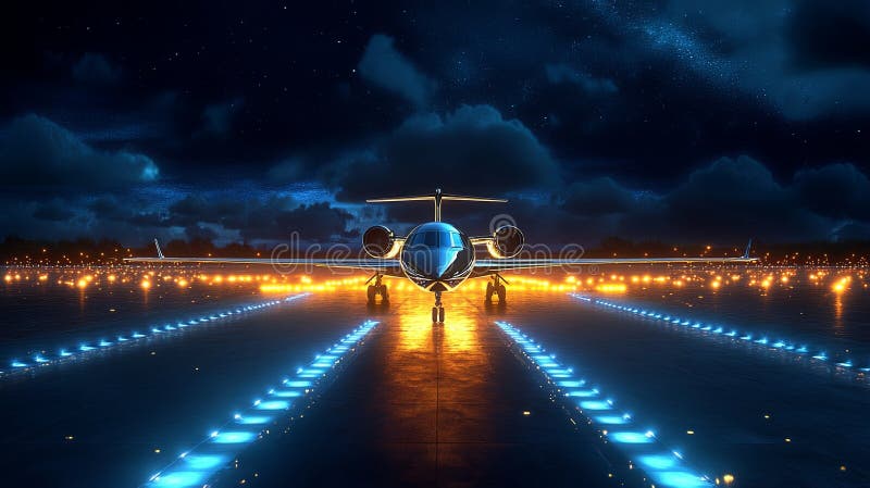 A Glowing Runway at Night with a Luxury Private Plane Ready for Takeoff ...