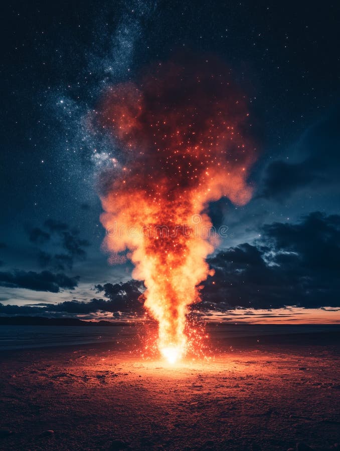 Glowing Safety Flare Illuminating Desolate Beach Under Starry Night Sky ...