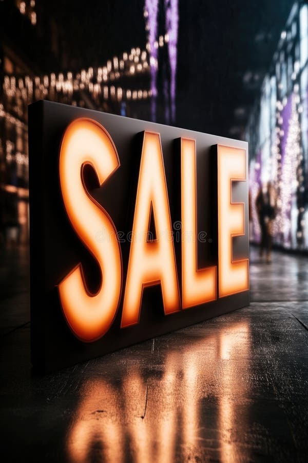 Glowing Sale Sign in Store with Blurred Lights and Reflections Stock ...