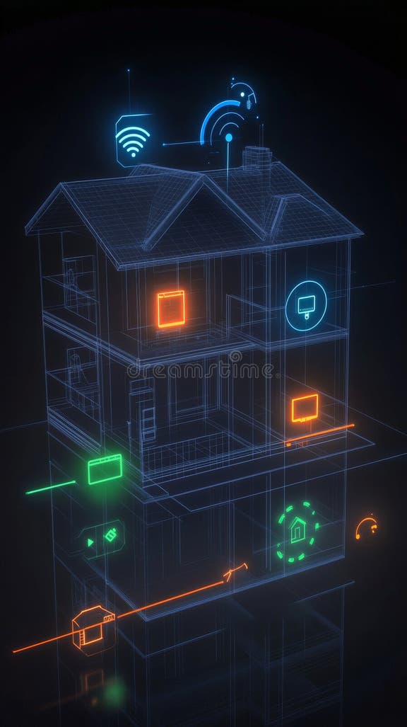 Glowing Schematic of Advanced Smart Home Mesh Network Technology for ...