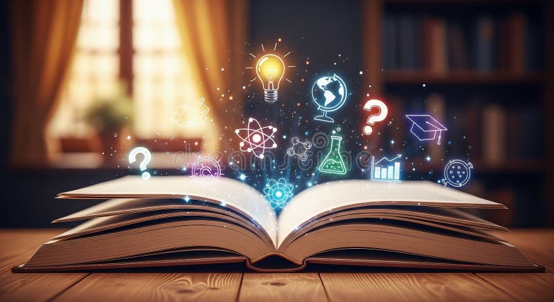 Glowing Scientific and Educational Icons Emerge from an Open Book on a ...
