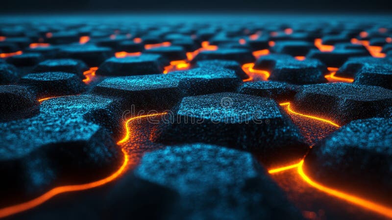 Glowing Seams, Network of Hexagonal Stones, Blue and Orange, Futuristic ...