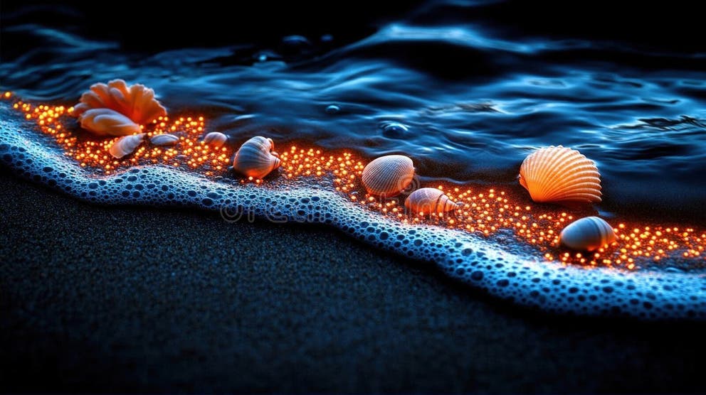 Glowing Seashells on a Dark Sandy Beach at Night Stock Photo - Image of ...