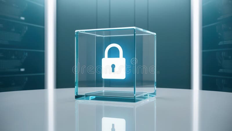 Glowing Secure File Icon Encased in Floating Glass Cube Over Tech ...