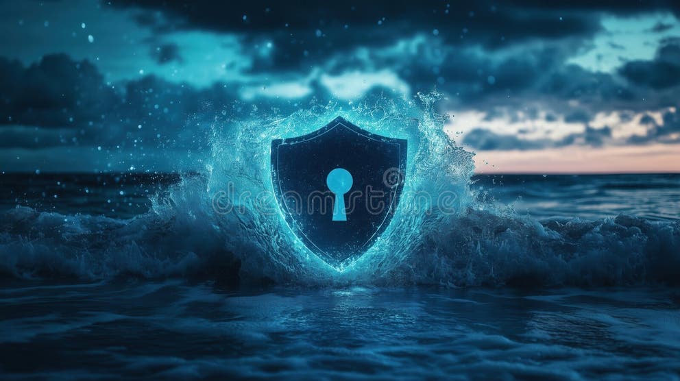 Glowing Security Shield Emerging from Ocean Wave at Sunset: Protecting ...