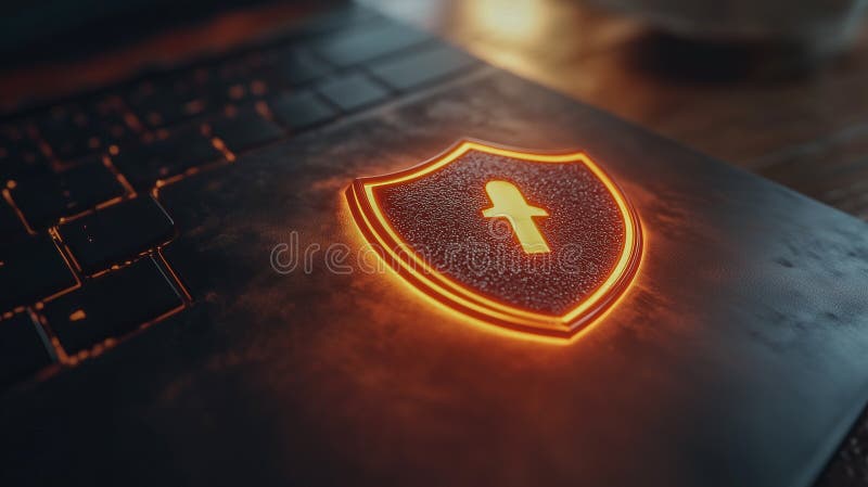 Glowing Security Shield Icon on Laptop Keyboard Stock Illustration ...