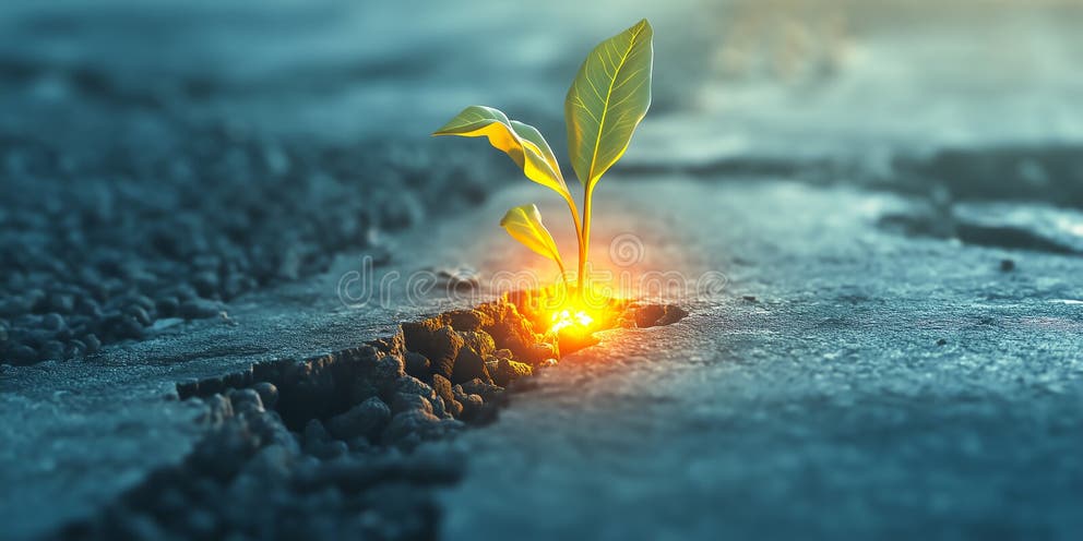 A Glowing Seed Pushing through Concrete Representing Bold Innovation ...