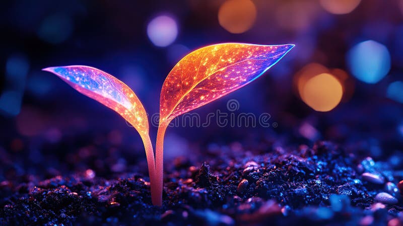 Glowing Seedling Sprouting from Dark Soil. (1 Stock Image - Image of ...