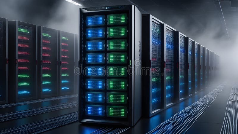 A Glowing Server Rack with Blinking Lights in a Dimly Lit Data Center ...